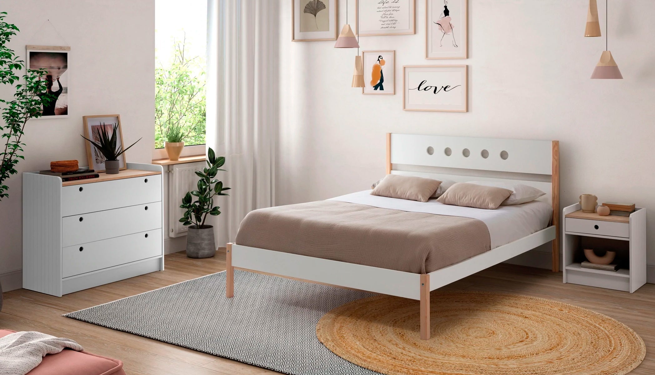 Cama Matrimonial Blanca y Madera con Láminas de Madera Maciza – Virtual ...