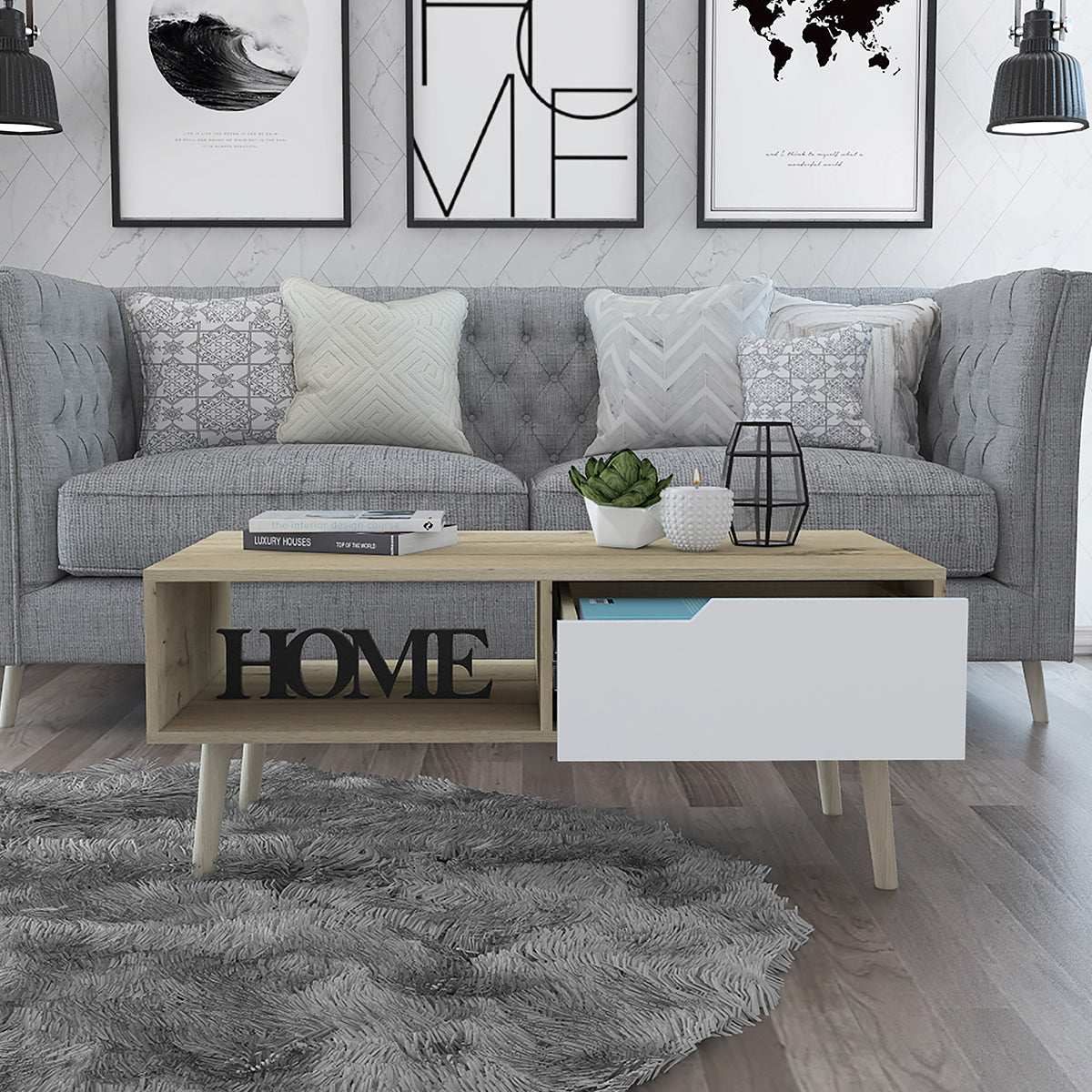 Mesa de Centro Oslo, Color Duna y Blanco – Virtual Muebles Mx